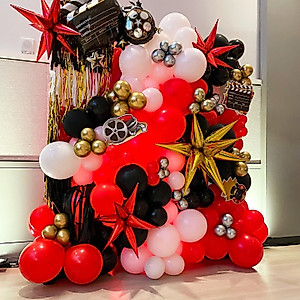 Enanal Movie Night Balloon Garland Arch Kit, 134pcs Black Red Chrome Gold Balloon with Clapboard Popcorn Foil Balloons for Movie Theater Film Party Decoration Birthday Bridal Shower Backdrop (Movie)