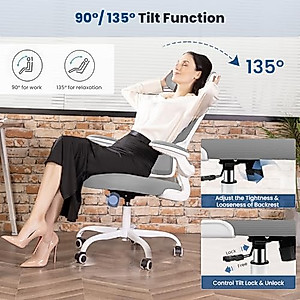 Razzor Ergonomic Office Chair, High Back Mesh Desk Chair with Lumbar Support and Adjustable Headrest, Computer Gaming Chair with Flip-up Armrests, Executive Swivel Chair for Home Office (LightGray)