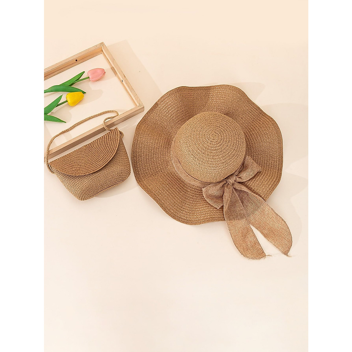 Verdusa Women's Bow Wide Brim Straw Sun Hat and Crossbody Straw Bag Set Khaki One-Size