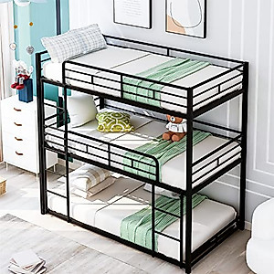 Triple Bunk Beds, Twin Over Twin Over Twin Metal Bunk Bed for Kids, Teens, Adults, Girls, Boys, Black