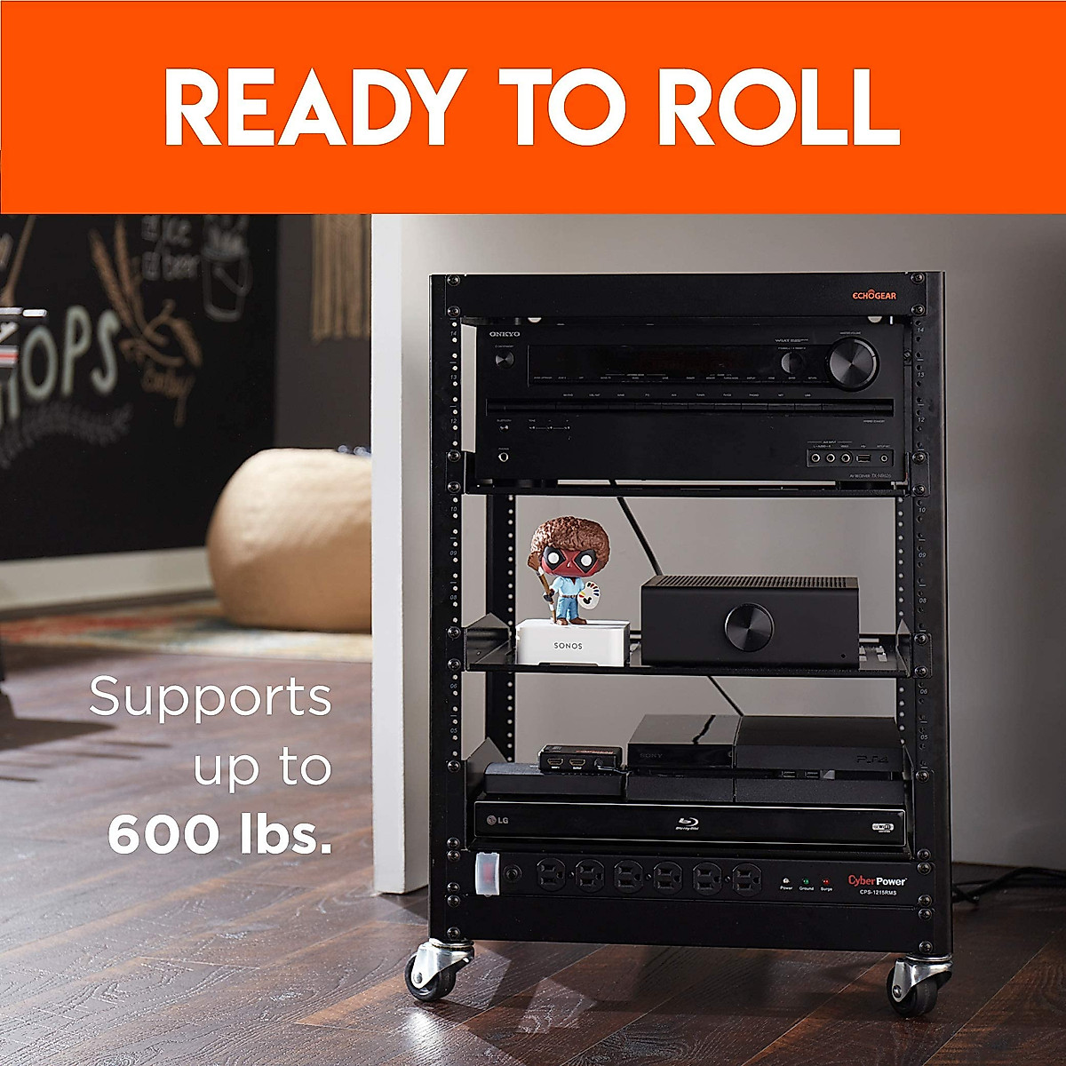 ECHOGEAR 20U Open Frame Rack & Caster Kit - Heavy Duty 4 Post Design Includes 2 Vented Shelves - Add Wheels to Your Serve Rack in Minutes