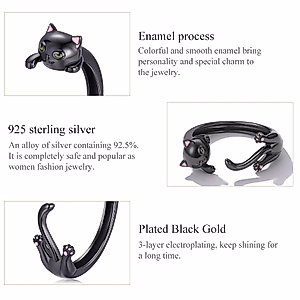 RUKYF 925 Sterling Silver Black Cat Rings with Black Gold Plating Dainty Stackable Adjustable Rings for Women Men Cute Cat Gifts for Cat Lovers