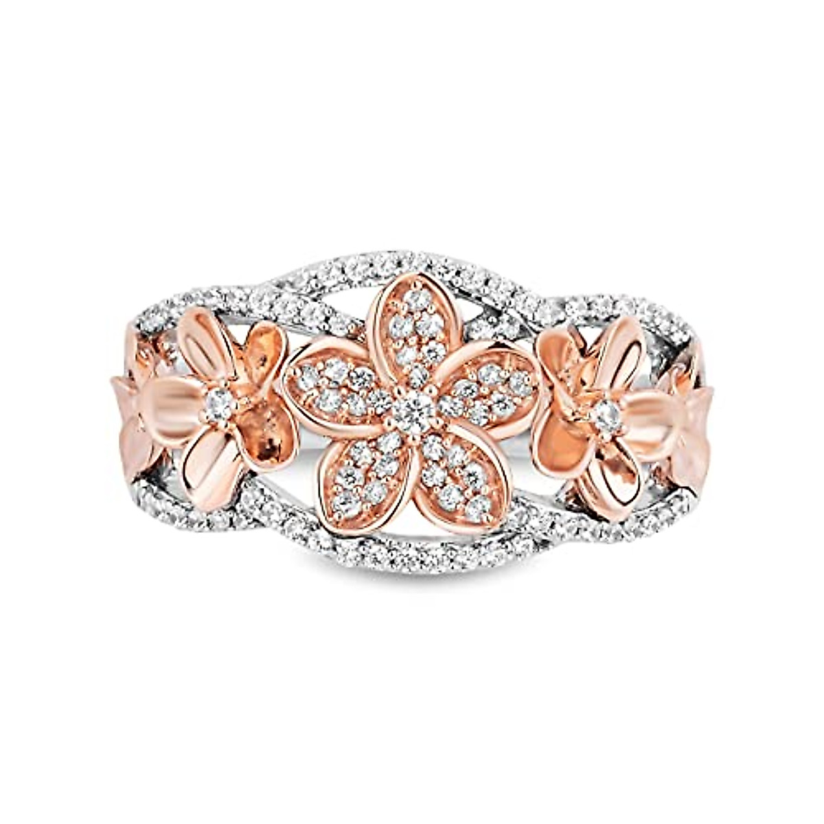 Jewelili Enchanted Disney Fine Jewelry Sterling Silver and 10K Rose Gold 1/4 Cttw Natural White Round Diamond Moana Plumeria Flower Ring, Size 9