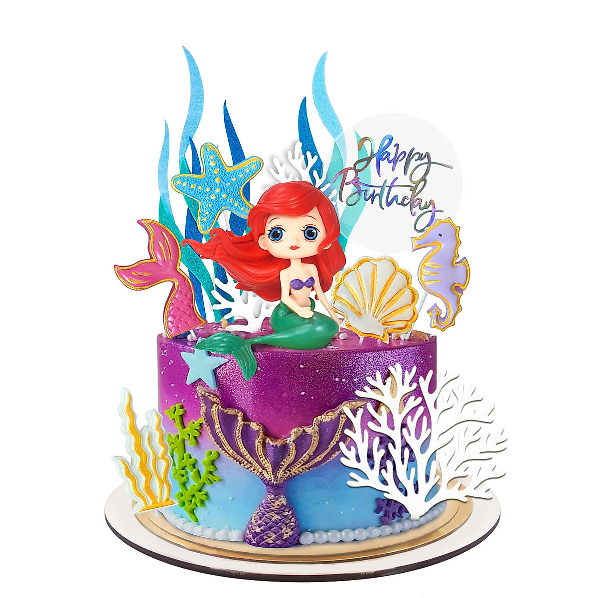 12 PCS Mermaid Cake Topper, Cute Big Eyes Mermaid Doll Cake Topper, Resin 2D Starfish Seaweed Seahorse Shell Felt Seaweed Acrylic Coral for Birthday Party, Baby Shower, Wedding, Mermaid Cake Supplies