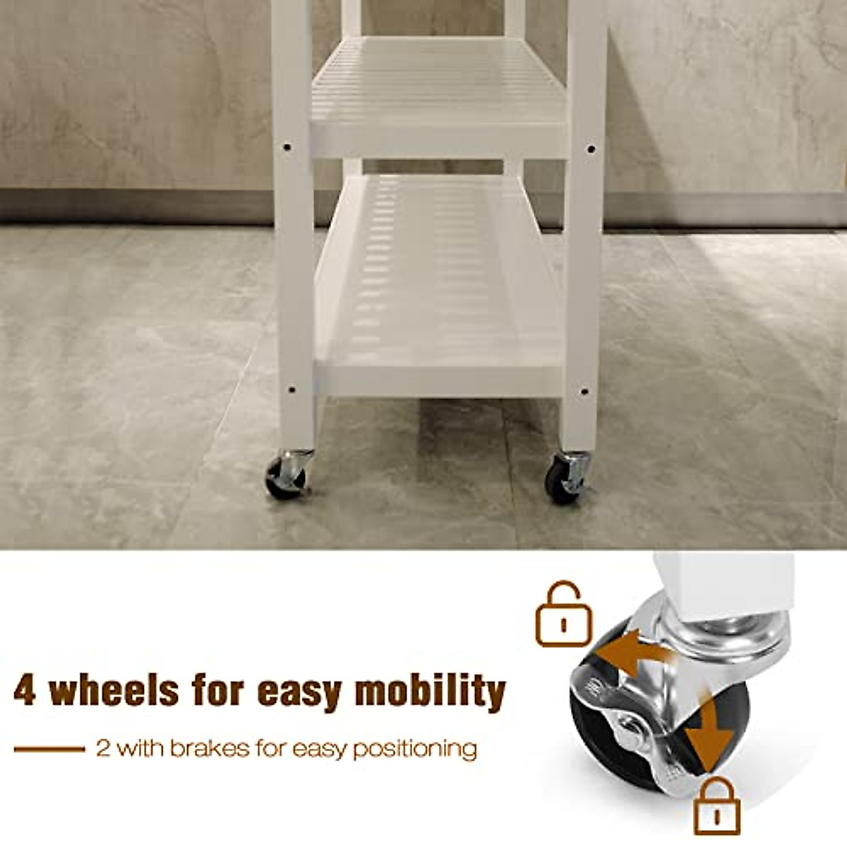 Unovivy Kitchen Island on Wheels, 3 Tier Kitchen Cart with Storage Drawer, 2 Shelves & Towel Rack, Rolling Kitchen Island with Wood Tabletop, Simple Design Mobile Island Table for Kitchen, White