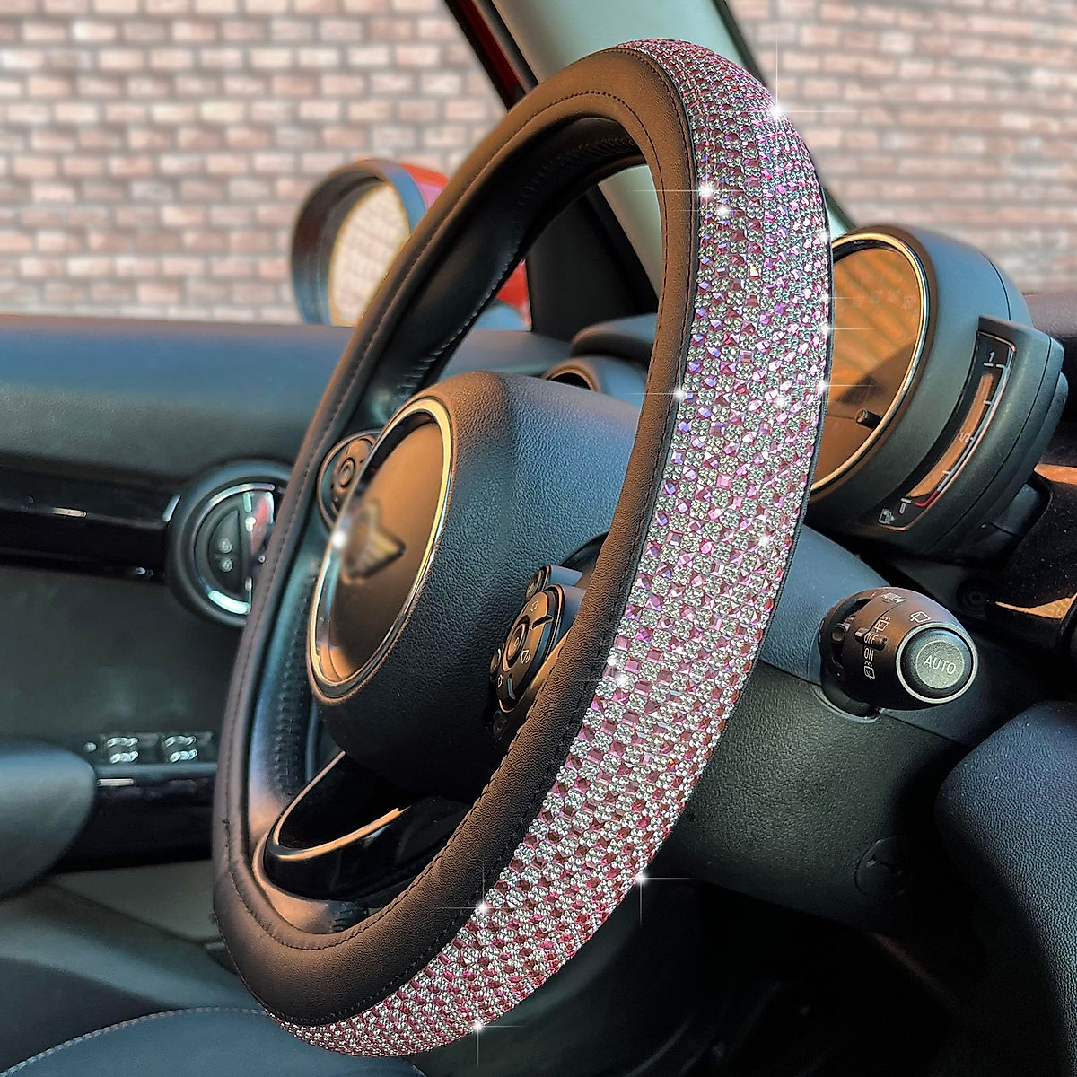 PINCTROT Bling Bling Comfy Steering Wheel Cover with Jumbo Crystal Rhinestones, Anti-Slip Diamond Leather, Universal 14.5-15 Inch (Pink)