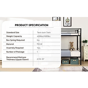 HomJoones Metal Bunk Bed Twin Over Twin Sturdy Heavy Duty Bunk Beds with 2 Side Ladders,Space Saving,No Box Spring Needed,for Boys Girls Teens Adults, Bedroom, Dormitory (Black)