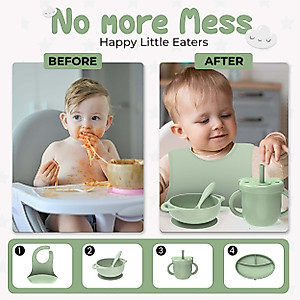 WANDA KIDZ Silicone Baby Feeding Set - Baby Led Weaning Supplies - 6PC Self Feeding Baby Utensils; Suction Plate, Bowl, Bib, Cup, Spoon, Fork - First Stage Baby Eating Essentials - 4+ Months - Blue