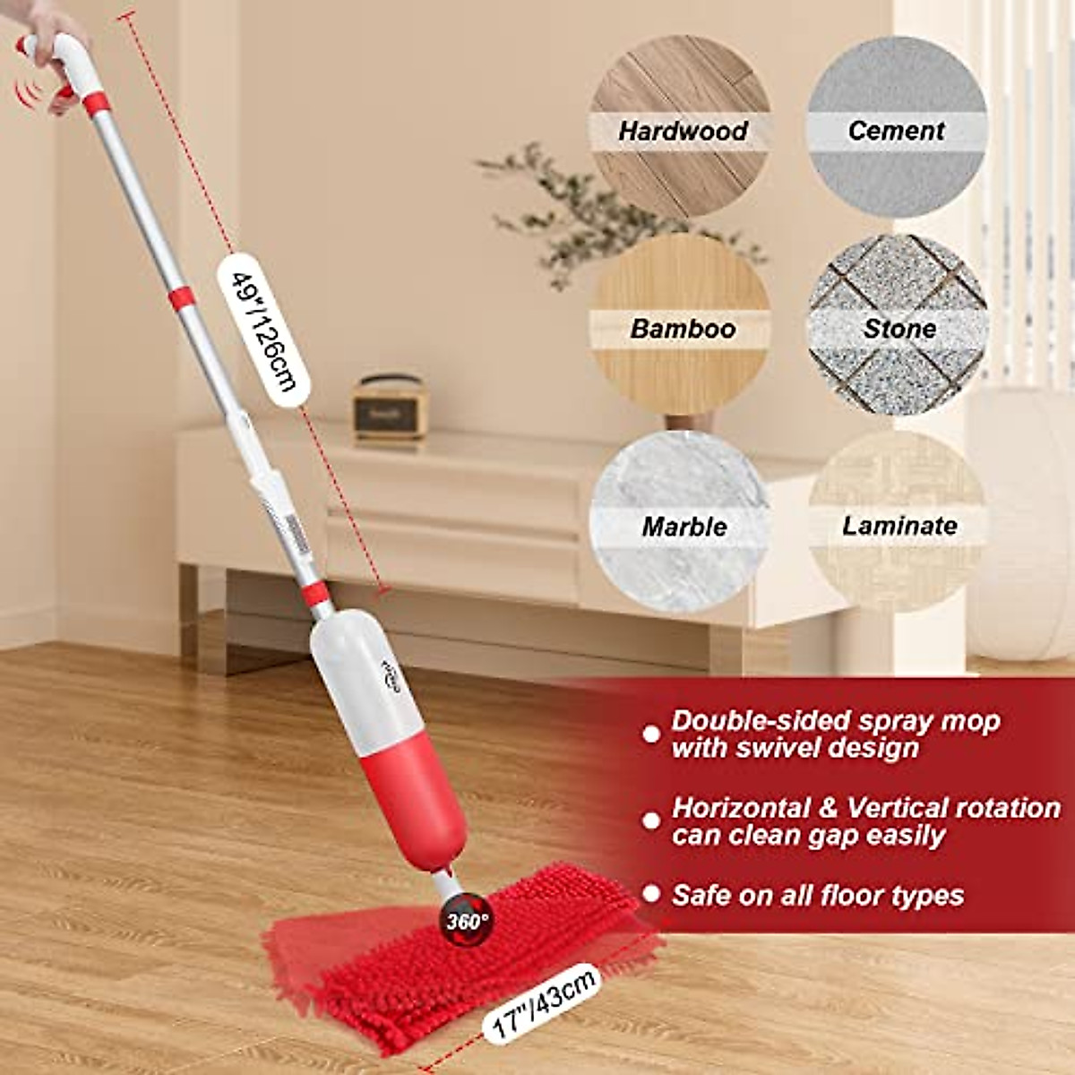 Qaestfy Spray Mop for Floor Cleaning with 2 Washable Double-Sided Microfiber Pads & Scraper 49" Long Handle Flip Cleaner Wet Dust Mop for Hardwood Tile Laminated Floor Cleaning