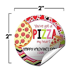 Piece of My Heart Fun Pizza Themed Valentine Party Favor Sticker Labels for Kids, 40 2" Party Circle Stickers by AmandaCreation, Great for Classroom Valentines, Envelope Seals, Gifts, Treats