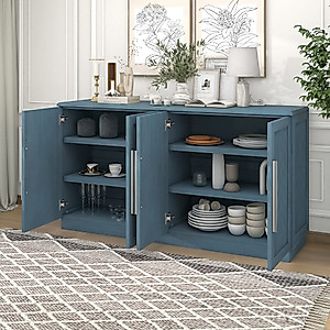 GLANZEND Modern Sideboard with 4 Doors Large Storage Space, Buffet Cabinet with Shelves and Silver Handles, Console Sofa Table for Entryway/Hallway/Living Room, Antique Blue
