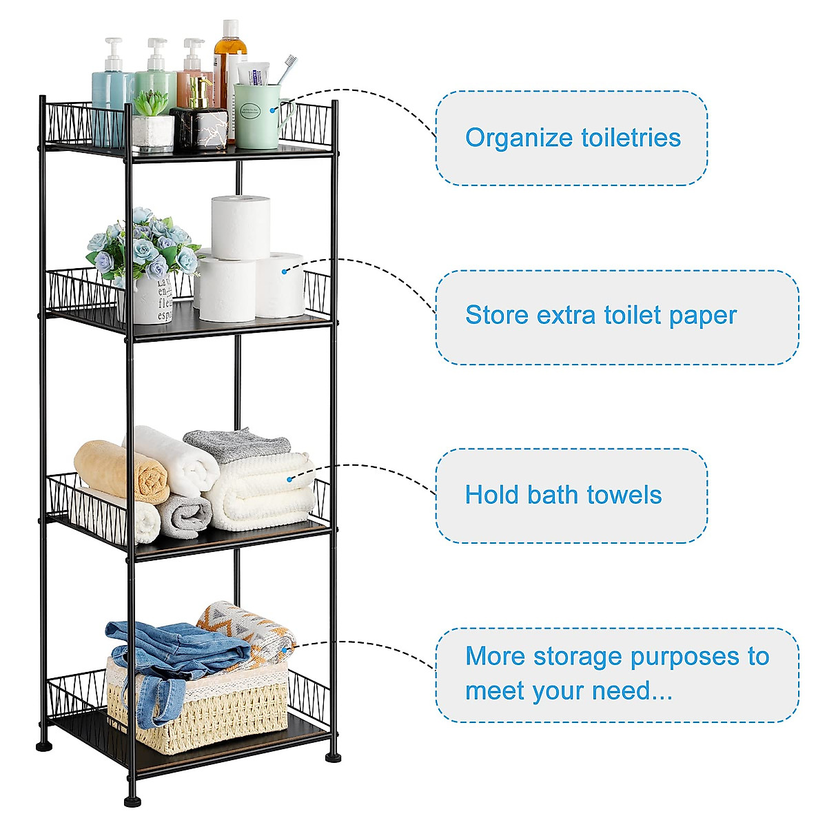 OYEAL Bathroom Shelves Freestanding Bathroom Towel Storage 4 Tier Wire Shelving Unit Bathroom Standing Shelf Floor Organizer for Pantry Kitchen Laundry Room Organization, Black