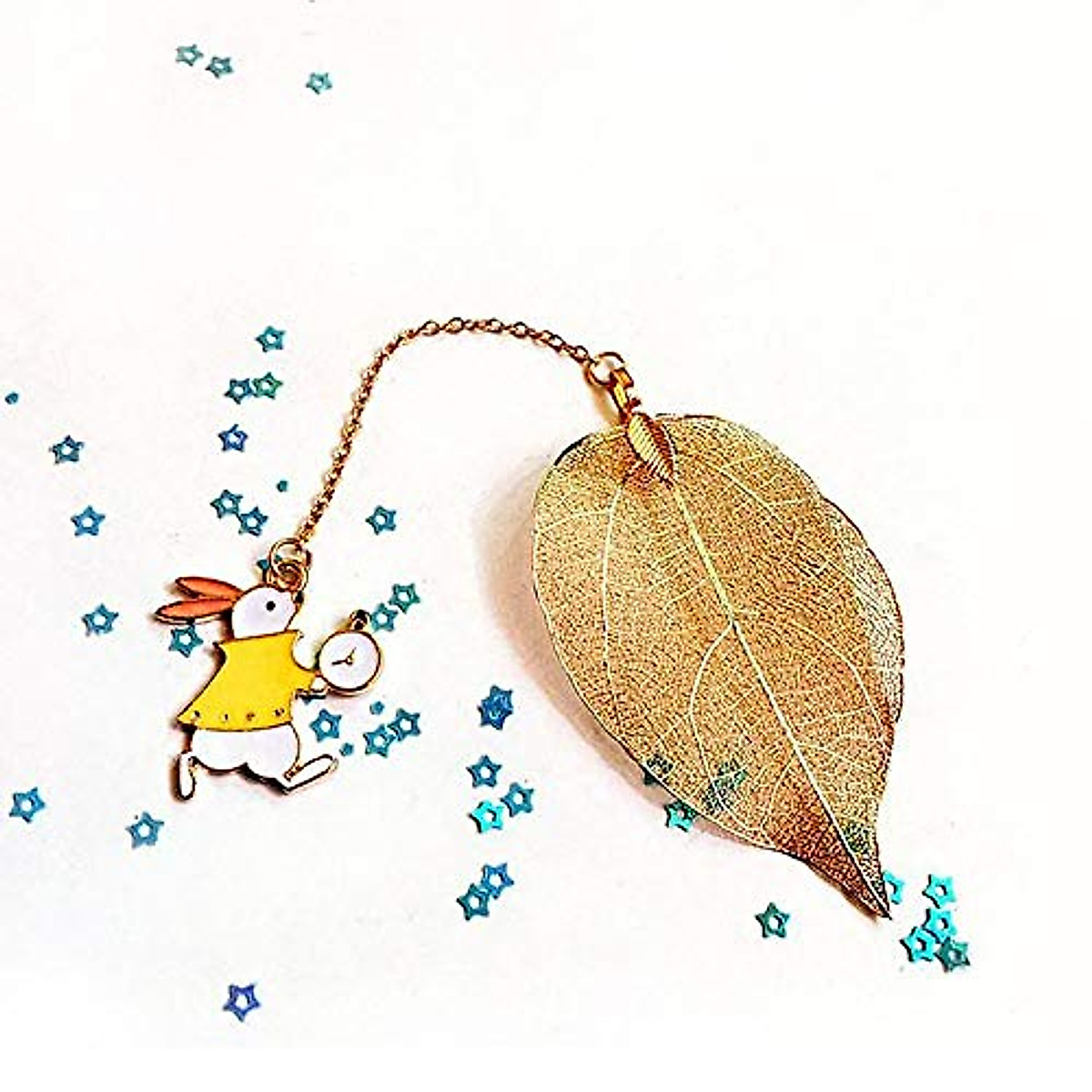 Metal Bookmarks, Buery Handmade Bookmark Cute Leaf Vein Bookmarks with Rabbit Pendant, Golden Bookmark Gift for Kids Adults Bookworms (Rabbit)