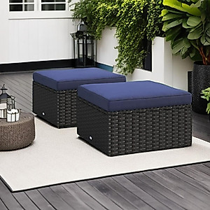 PHI VILLA 2 Pieces Wide Outdoor Rattan Sectional Sofa with Cushions - Small Patio Wicker Furniture Set (2 - Person Seating Group, Navy Blue)