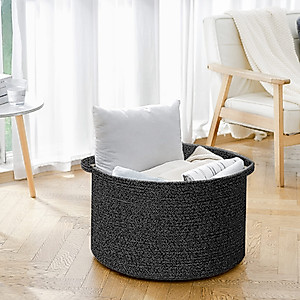 MEGASKET Large Black Blanket Basket, 22" X 22" X 14" Woven Rope Baskets for Storage, Kids Dog Toy Storage Baskets Organizer Bins, Blanket Storage for Living Room, Black Wicker Baskets for Organizing