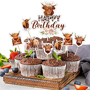 Tanlade 25 Pcs Highland Cow Cake Topper and Highland Cow Cupcake Topper, Highland Cow Birthday Decorations Highland Cattle Cake Decorations for Farm Animal Zoo Boy Girl Birthday Party Decor