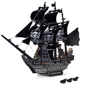 Jigtoy 3D Wooden Puzzle - 22.9" Large Black Pearl Pirate Ship Puzzles - Fun & Educational DIY Ship Building Kit - Easy to Assemble for Kids and Adults - Unique Decoration Toy 141 Pieces