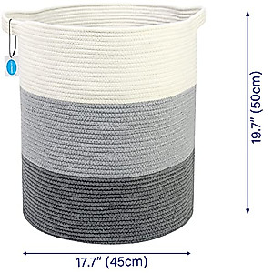 Casaphoria Cotton Rope Storage Basket for Organizing,Round Blanket Basket Living Room,Woven Laundry Basket with Handles for Bathroom Bedroom,Stripe Woven Cotton Laundry Hamper,Tall Laundry Basket