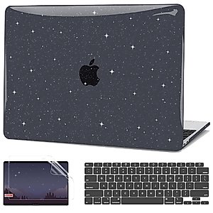 G JGOO Compatible with MacBook Air 13 Inch Case 2022 2021 2020 2019 2018 Release M1 A2337 A2179 A1932 Touch ID, Glitter Plastic Hard Shell Case + 2 Keyboard Covers + Screen Protector, Sparkly Black