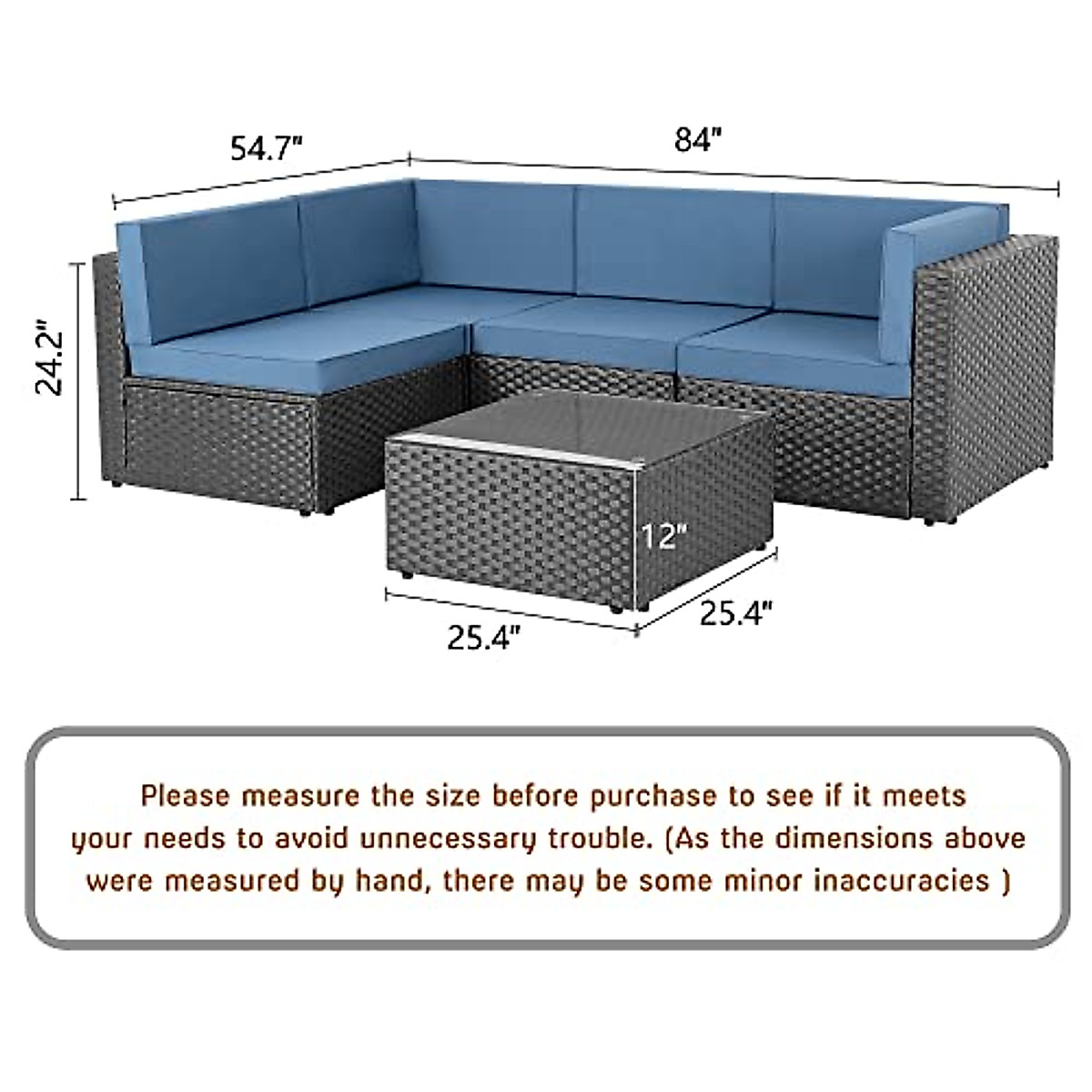 Shintenchi 5 Pieces Outdoor Patio Sectional Sofa Couch, Black PE Wicker Furniture Sets, Patio Conversation Sets with Washable Cushions Glass Table for Garden, Poolside, Backyard,Aegean Blue