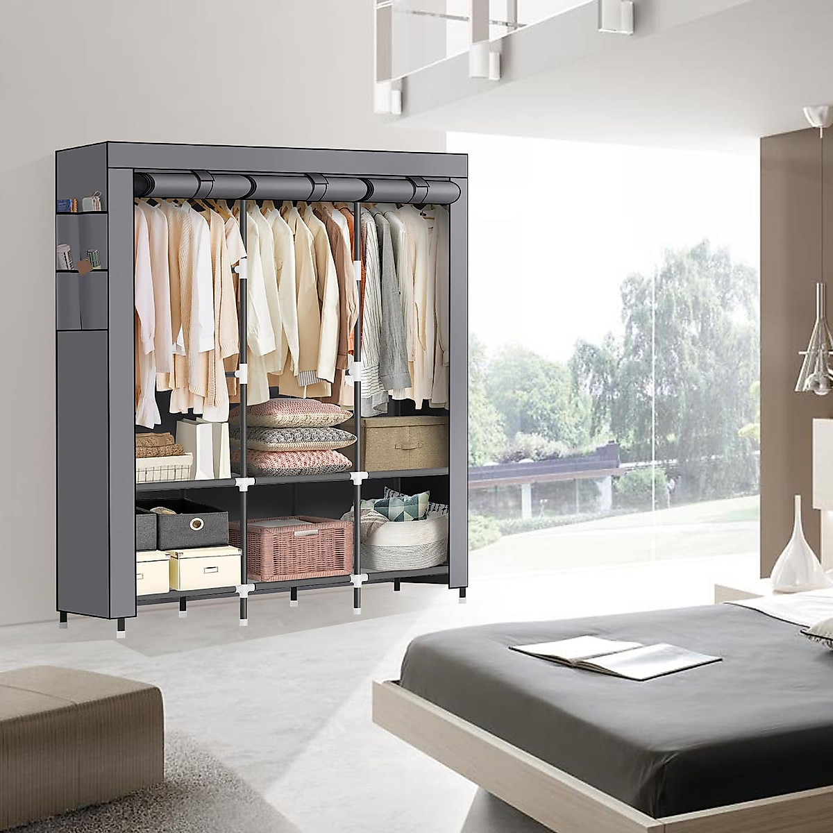 LOKEME Portable Closet, Wardrobe Closet with 3 Hanging Rods and 6 Storage Shelves, Gray Closet, Easy to Assemble Portable Closets for Hanging Clothes with 4 Side Pockets, PWC0006-GRAY