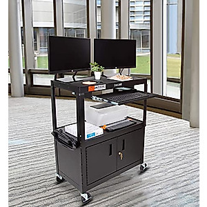 Line Leader Large AV Cart with Locking Cabinet | Height Adjustable Utility Cart | Includes Pullout Keyboard Tray & Cord Management | Easy Assembly (32in x 18in x 42in / Black)