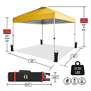 CROWN SHADES Canopy Tent 10x10 Pop Up Canopy Outdoor Shade, Easy Up Sun Shelter with One Person Set Up Center Lock, Portable Instant Tailgate Camping Beach Canopy Tents for Parties, Yellow