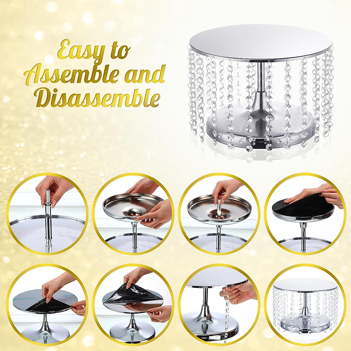 Set of 6 Metal Cake Stands with Crystal Pendant Round Dessert Display Plate Cupcake Holder Pedestal for Wedding Party Birthday Baby Shower Anniversary Celebration Home Decor (Silver)