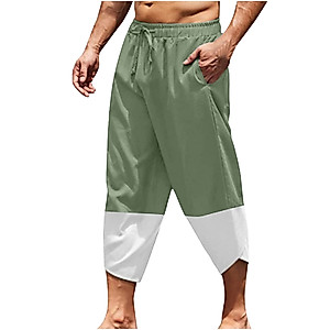 My Orders Men's Pants Elastic Waistband Linen Pants for Men 2023 Casual Loose Drawstring Elastic Waist Cotton Capri Classic Fit Patchwork Beach Capri Army Green XL