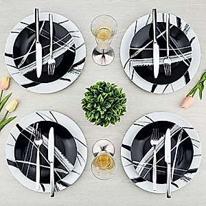 ZYAN 16 Piece Round Dinnerware Sets, Black and White Metro Stoneware Dish Sets, Dishwasher Safe Plates and Bowls Sets for 4