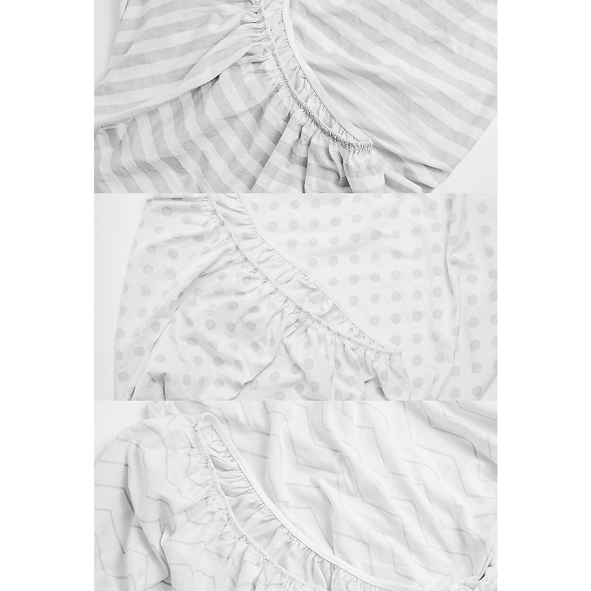 NODNAL CO. 3 Fitted Gray Mini Crib Pack n Play Playard Portable Crib Sheets Set - 100% OEKO-TEX Cotton Baby Girl/Boy Nursery Bedding, Gender Neutral Polka Dot Stripe Travel Pack and Play Playpen Sheet