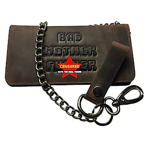 BMF Leather Bifold Biker Wallet with Chain New Tough Raw Brown Leather Version