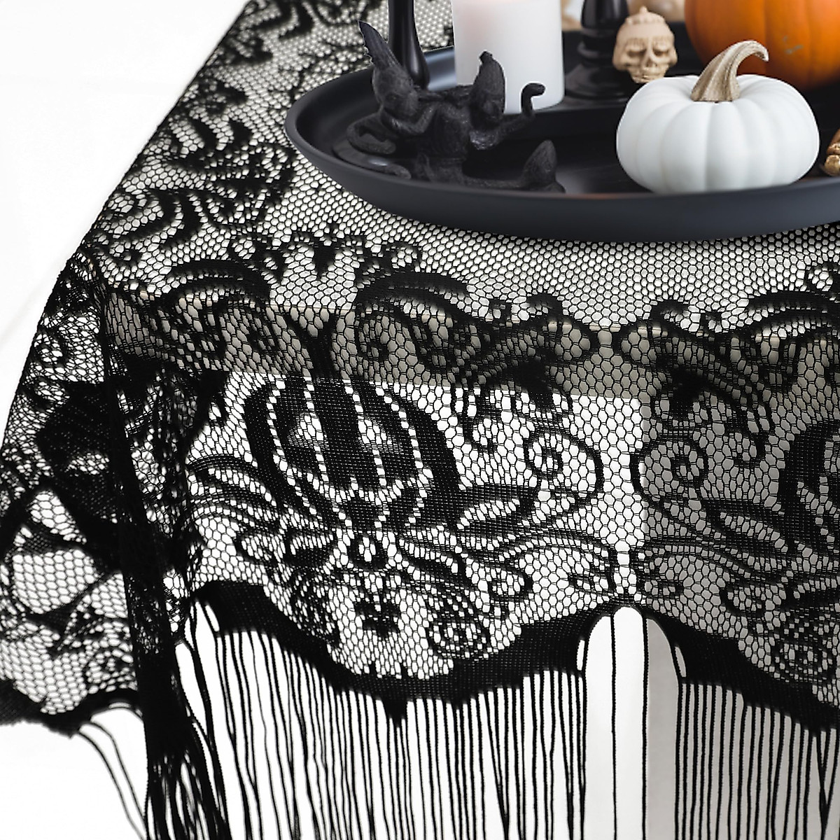 OWENIE Halloween Tablecloth, Skull Lace Fabric Tablecloths with Tassel, Black Pumpkin Table Cloths Table Cover for Rectangle Tables for Parties Gothic Halloween Home Decorations, 52x52 Inch