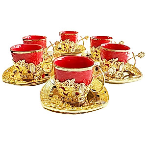 Chandler Turkish Coffee Set Espresso Greek Arabic Coffee Cup and Saucer 3 Fl oz with Gold Acrylic Gift Box Collection of 7 Colors and Designs (Red With Gold and White Gem)