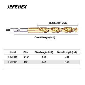 JEFE HEX 3/8" Inch Hex Shank with Titanium Coating Twist Drill Bits, 135 Degree Easy Cut Split Point Drill Bits (Pack of 6)