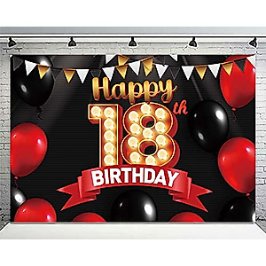 Happy 18th Birthday Black Banner Decorations Gold Backdrop Red and Black Balloons Theme Decor for Girls Women Princess 18 Years Old Birthday Party Supplies Photo Booth Props Background Favors Glitter