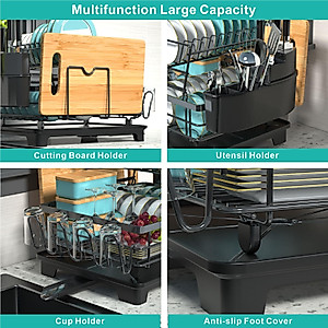 ouosawa Dish Drying Rack with Drainboard, Stainless Steel 2 Tier Large Dish Racks for Kitchen Counter, Detachable Dish Strainer Rack with Cup Holder, Utensil Holder & Cutting-Board Holder, Black