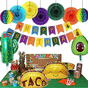 Fiesta Party Decorations, Taco Twosday Birthday Party Happy Birthday Banner Hanging Paper Fans Honeycomb Ball Balloons for Birthday Parties Rainbow Party