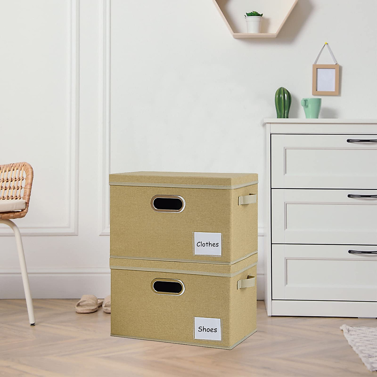 LHZK Large Storage Bins with Lids 6 Pack, Foldable Linen Fabric Storage Boxes with Lids, Sturdy Fabric Storage Bins with Label & 3 Handles for Shelves Bedroom Home Office (Beige, Large)