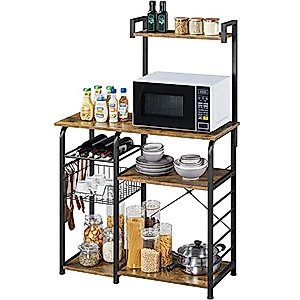 Yaheetech Industrial Kitchen Baker’s Rack Utility Microwave Oven Stand with Wire Basket & 10 S Hooks, Coffee Bar Spices Utensils Storage Shelf, Easy Assembly, Rustic Brown