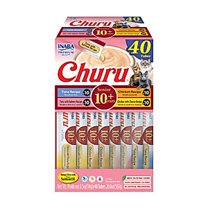 INABA Churu for Senior 10+, Creamy Lickable Cat Treats with Taurine, Vitamin E & C, 0.5 Ounces Each, 40 Tubes, Tuna & Chicken Variety