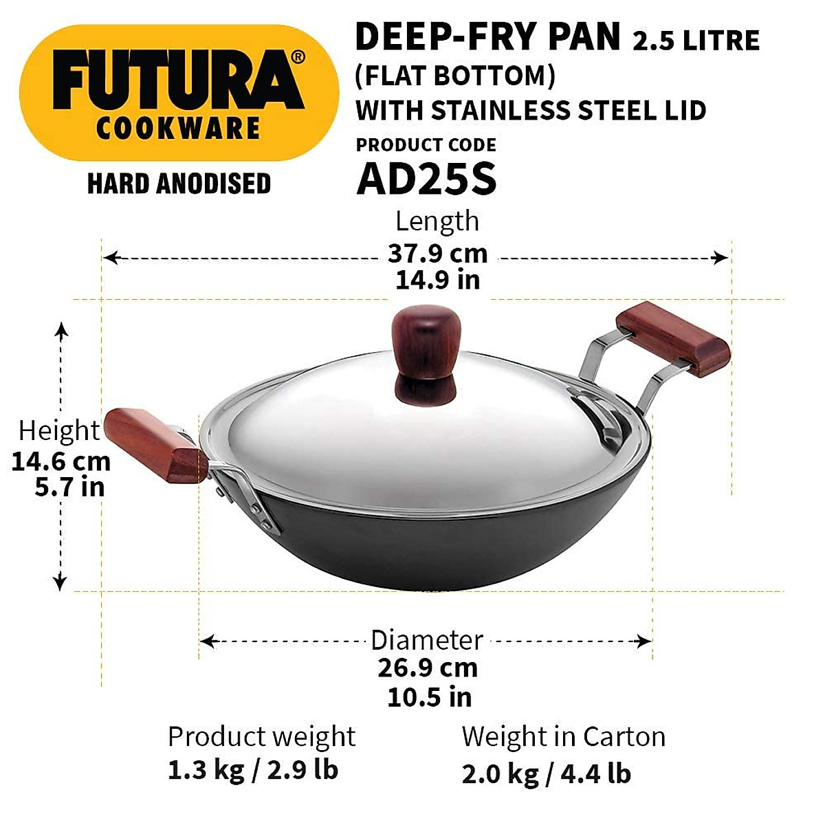 Futura L23 Hawkins Hard Anodised Deep Fry Pan/Kadhai with Flat Bottom and Steel Lid, 2.5 Liter, Small, Black