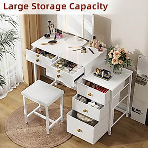 DSAFGGY Vanity Desk with 5 Drawers and Mirror & 3 Lighting Modes, Makeup Vanity with 5 Large Drawers for Bedroom - 41 Inch White