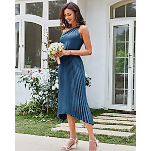 GRACE KARIN Womens One Shoulder Cutout Sleeveless Midi Dress Sexy Satin Pleated Dress Elegant Formal Prom Party Dress Peacock Blue S