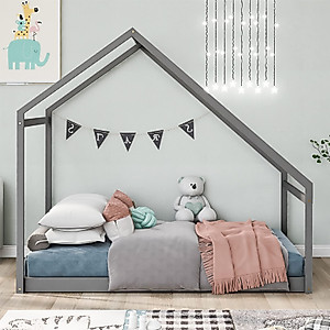 Bellemave Montessori Bed for Toddlers, Twin House Beds for Kids, Wood Floor Bed Frame Bedroom Furniture for Girls Boys, Spring Needed, Gray