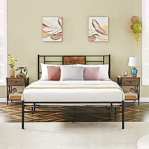 VECELO End Tables Set of 2, Modern Nightstands with Drawer& Shelf, Night Stand for Bedroom Living Room,Industrial Metal Frame, 2 Pack, Vintage Brown