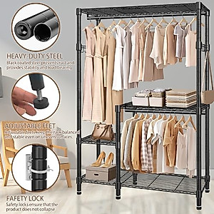 YEPOTUE Portable Closet Organizer System Heavy Duty Garment Rack, 4 Tiers Adjustable Clothes Rack Freestanding Wardrobe Storage Clothing Rack for Hanging Clothes, 79" H*45" W*16.5" D, Black
