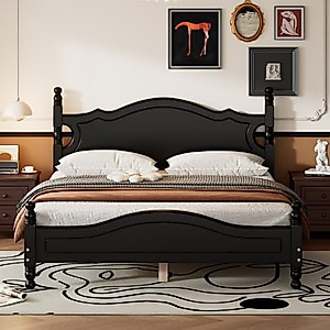 Wekity Queen Size Wood Platform Bed Frame,Retro Style Platform Bed with Wooden Slat Support (Black)