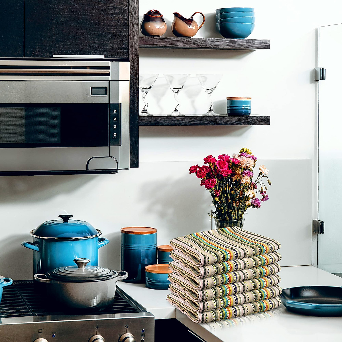 Urban Villa Easter Kitchen Towels,Beige Multi Dobby Stripes,Premium Quality,100% Cotton Dish Towels, Mitered Corners,Ultra Soft (Size: 20x30 Inches), Highly Absorbent Bar & Tea Towels (Set of 6)