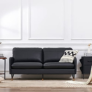 Z-hom Genuine Leather Sofa, Mid-Century Modern Leather Sofa Couch for Bedroom Living Room (Black, 2 Seater)